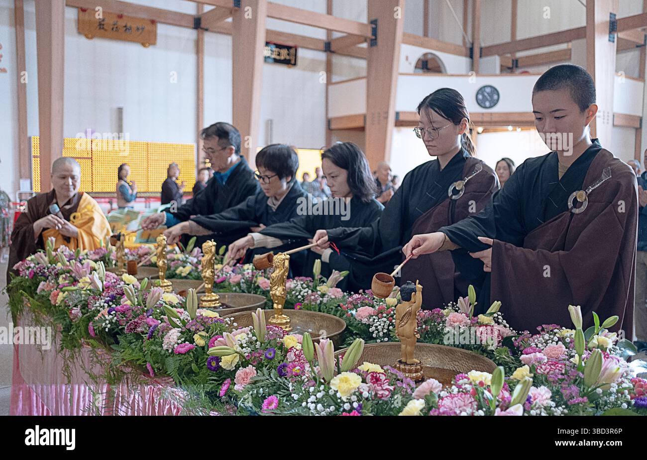 Buddhist nuns pour water over the statue of the Baby Buddha as a symbol ...