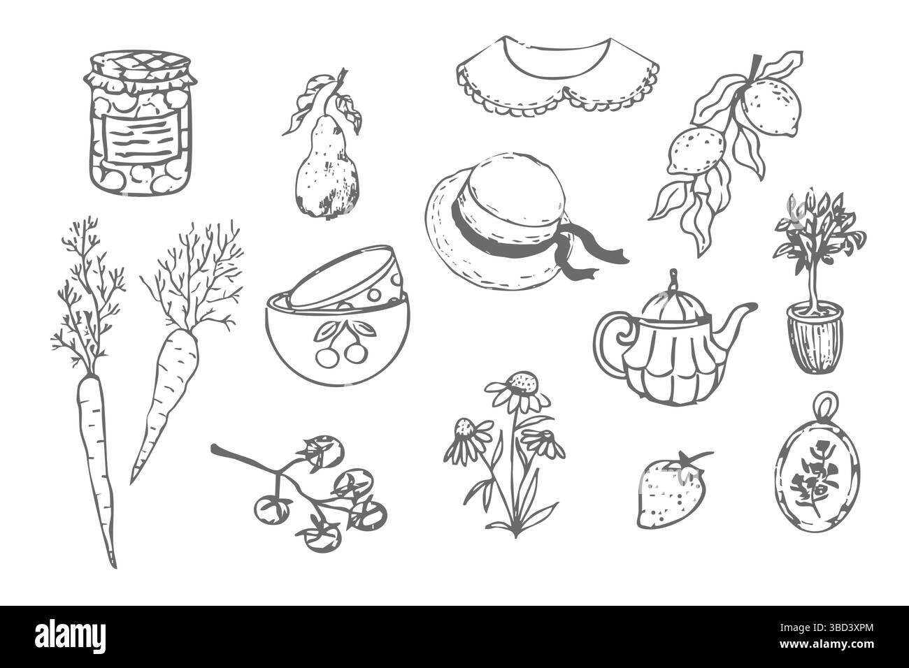 Cottagecore set cosy country rural things sketch. Retro cute whimsy ...