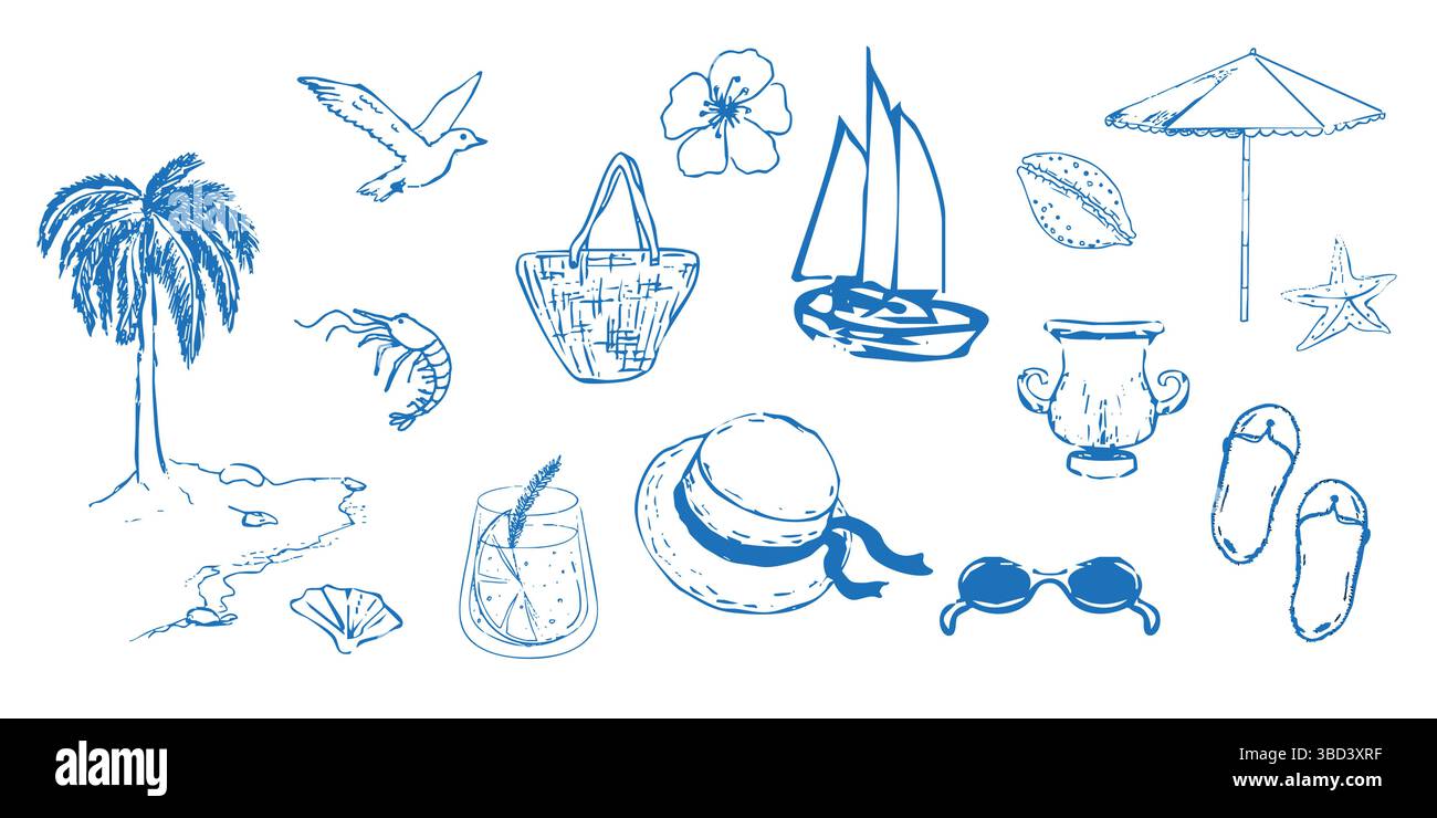 Summer seashore beach sea tourism, rest sketch drawing. Line hand drawn ...