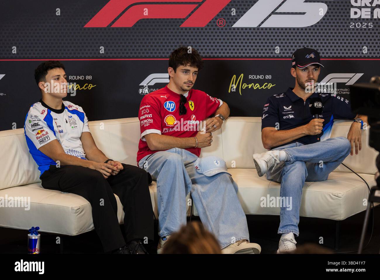 Charles Leclerc, Issak Hadjar and Pierre Gasly attend a press ...