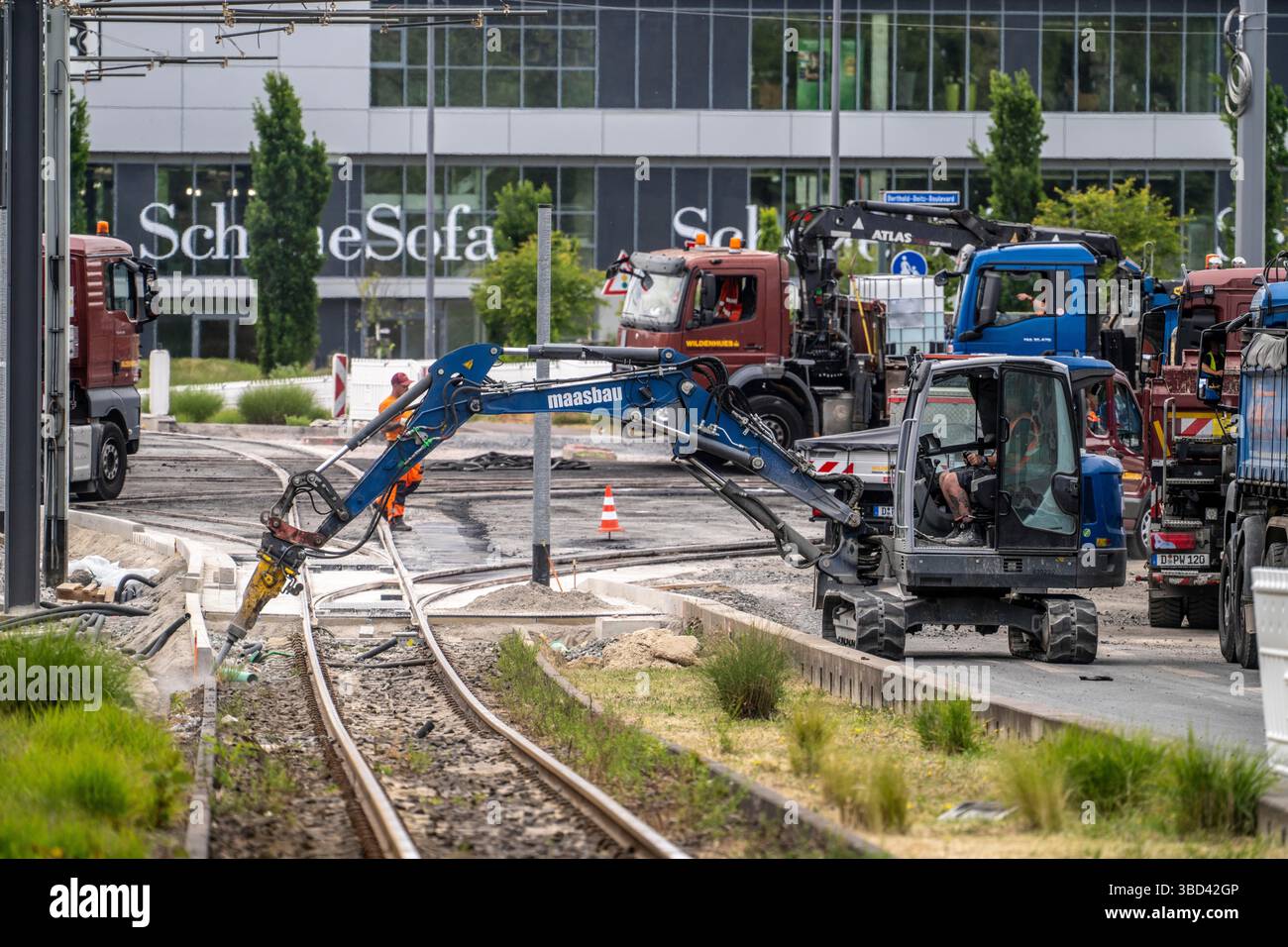 Major construction site of the Ruhrbahn Essen, an existing tram ...