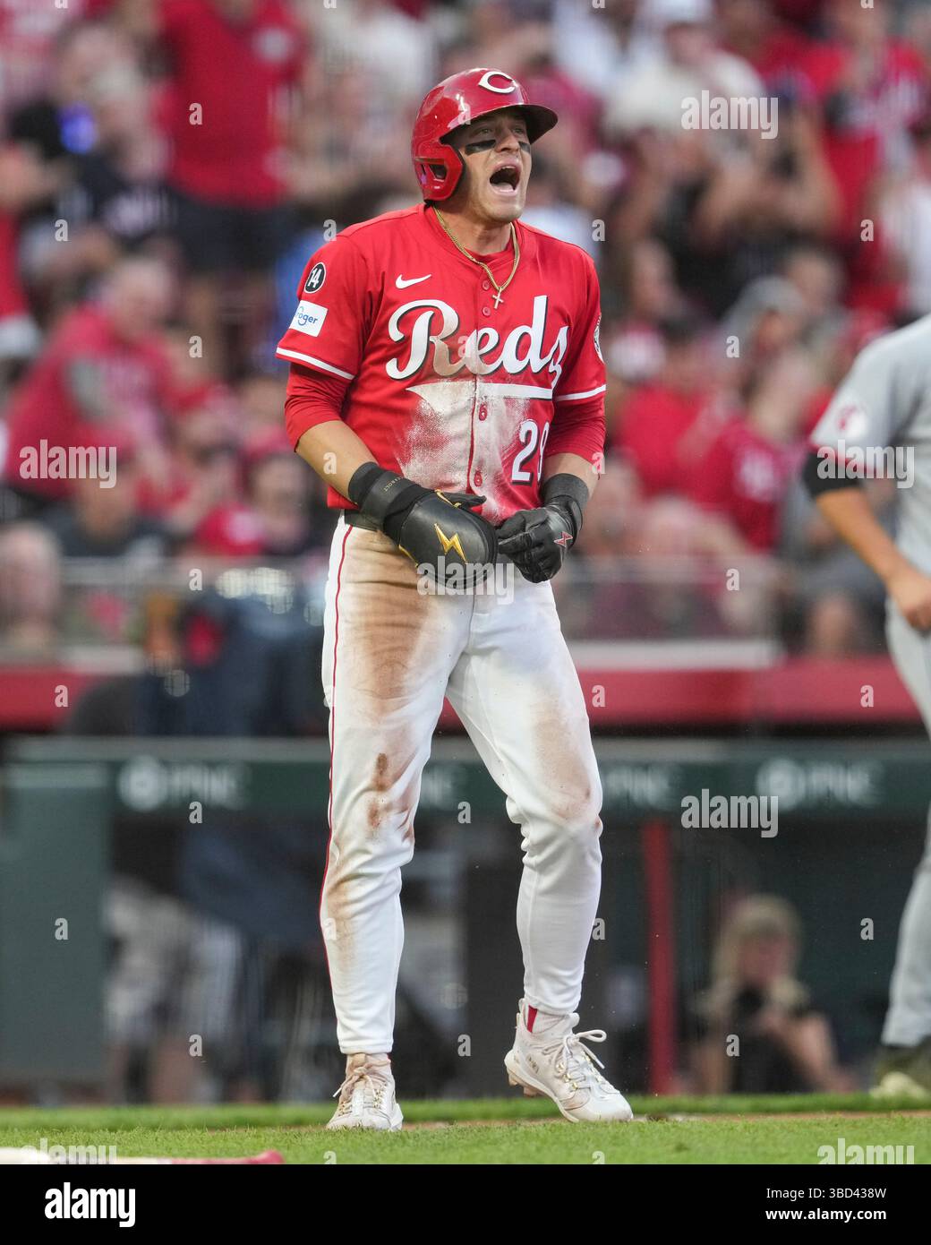 Cincinnati Reds' TJ Friedl (29) reacts after scoring on a single hit by ...
