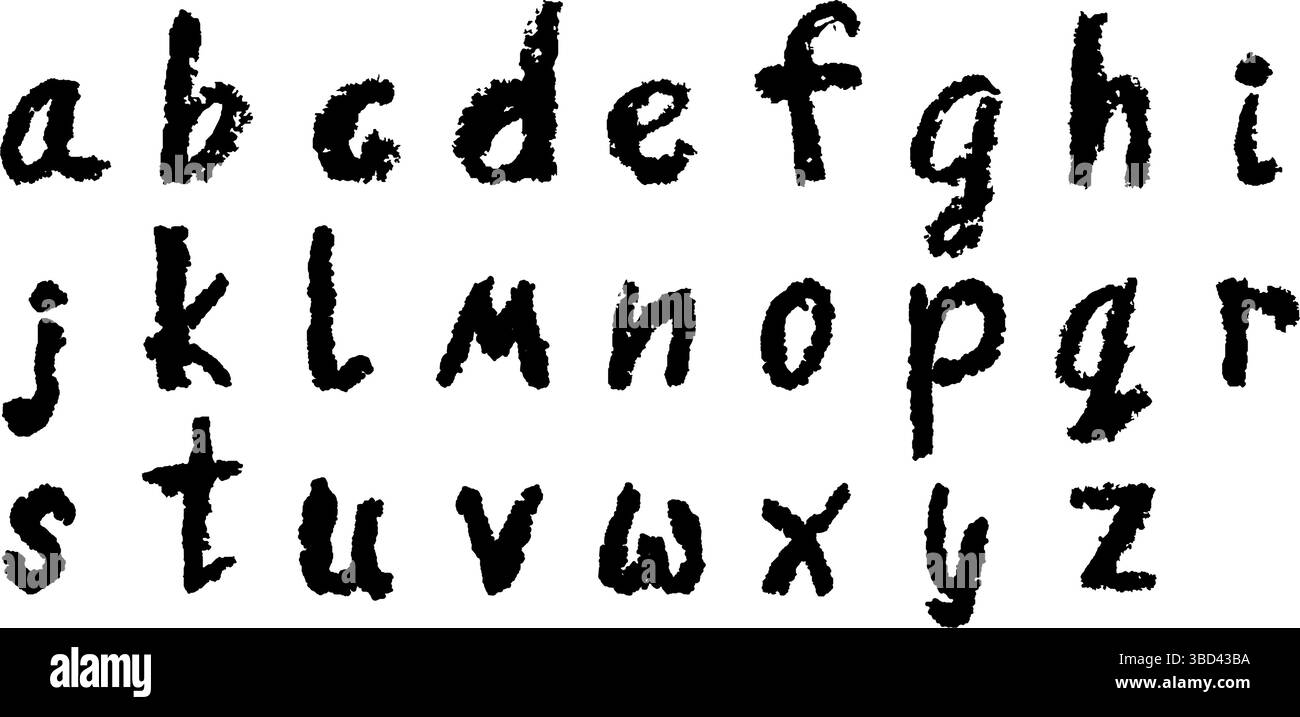 English alphabet hand-drawn in a crayon. Lowercase white letters in ...