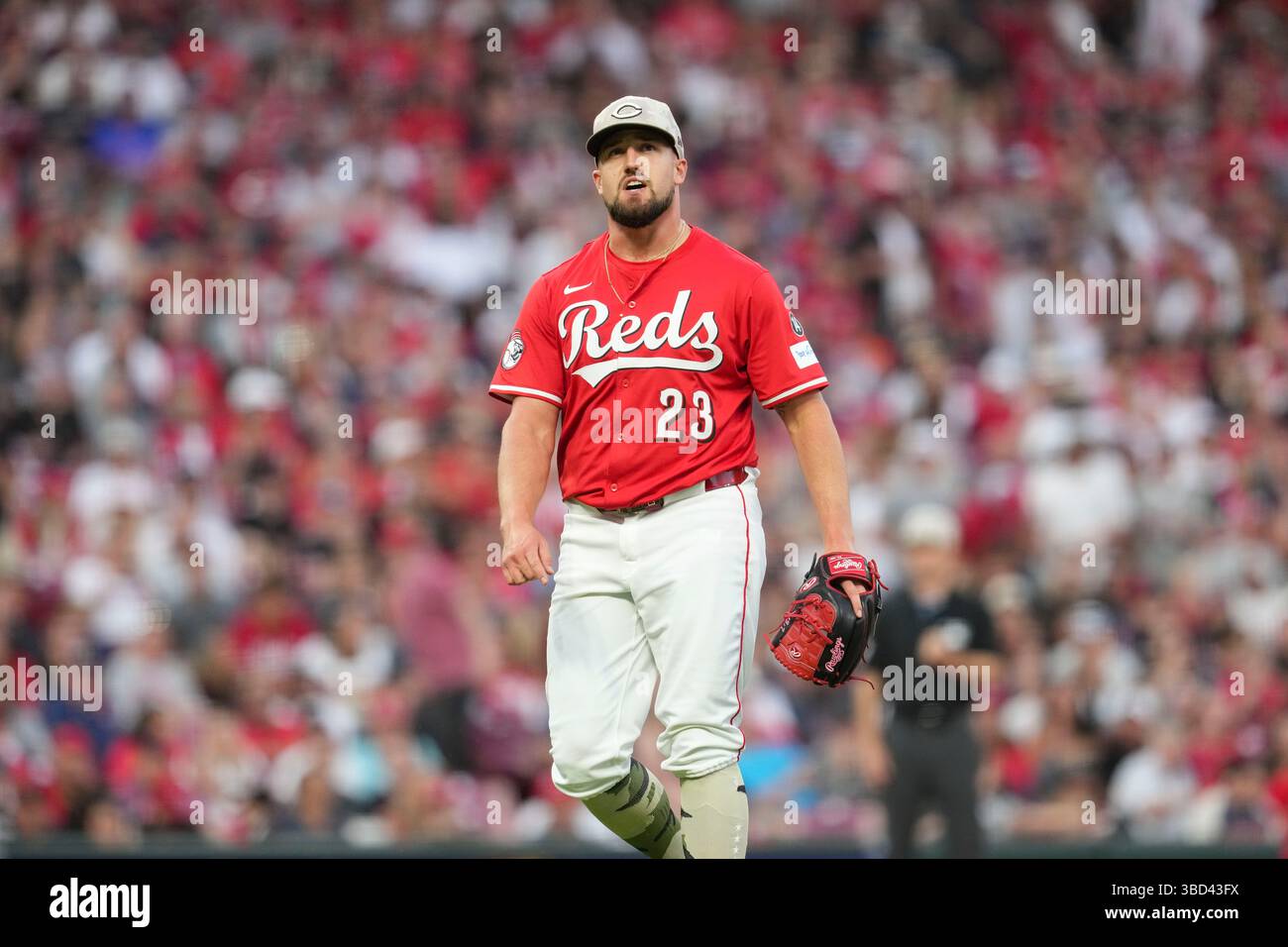 Cincinnati Reds pitcher Graham Ashcraft reacts after striking out ...