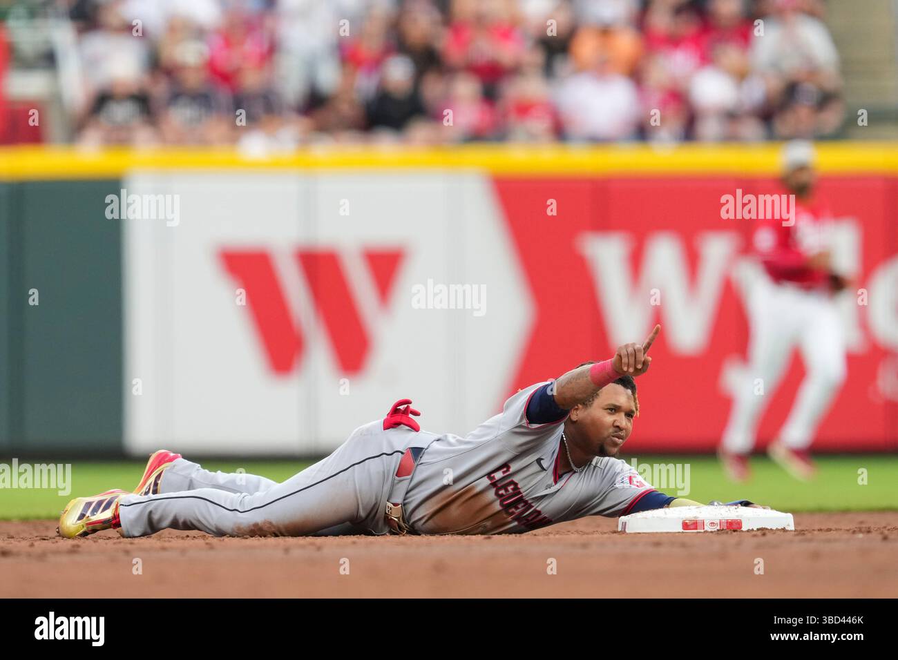 Cleveland Guardians' José Ramírez reacts after he is caught stealing ...