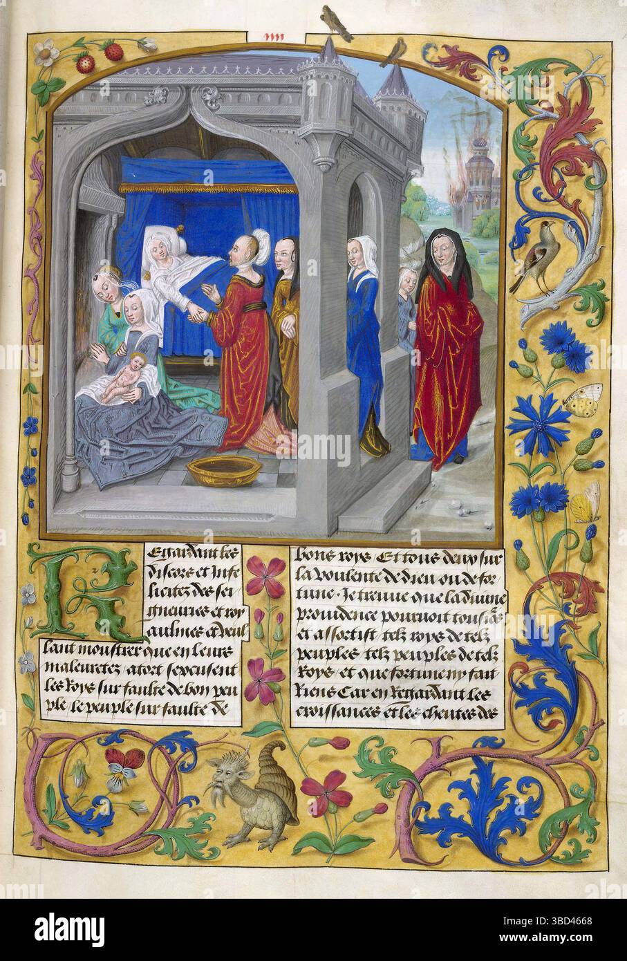 Miniature of Olympias giving birth to Alexander the Great, with two ...