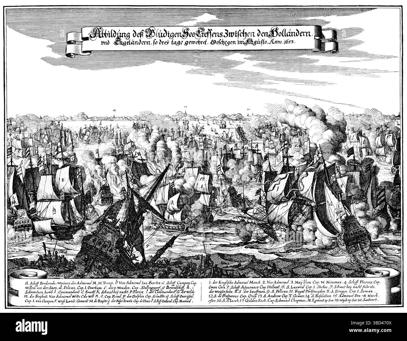 Historic drawing, sea battle in the First Anglo-Dutch naval war, 1652 ...