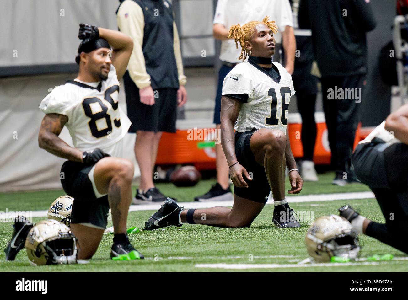 New Orleans Saints wide receiver Bub Means (16) stretches during NFL ...