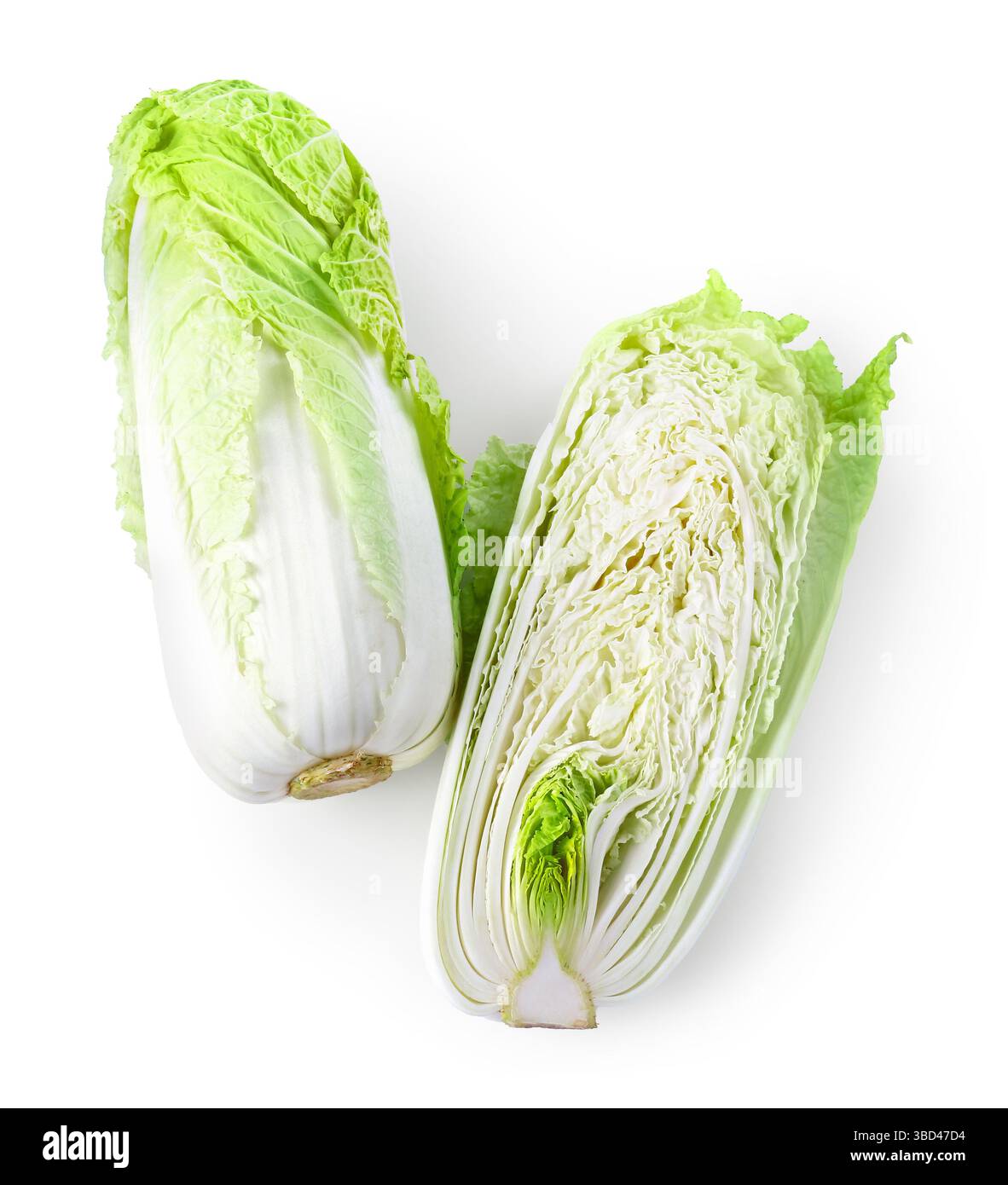 Whole and cut fresh Chinese cabbages isolated on white, top view Stock ...