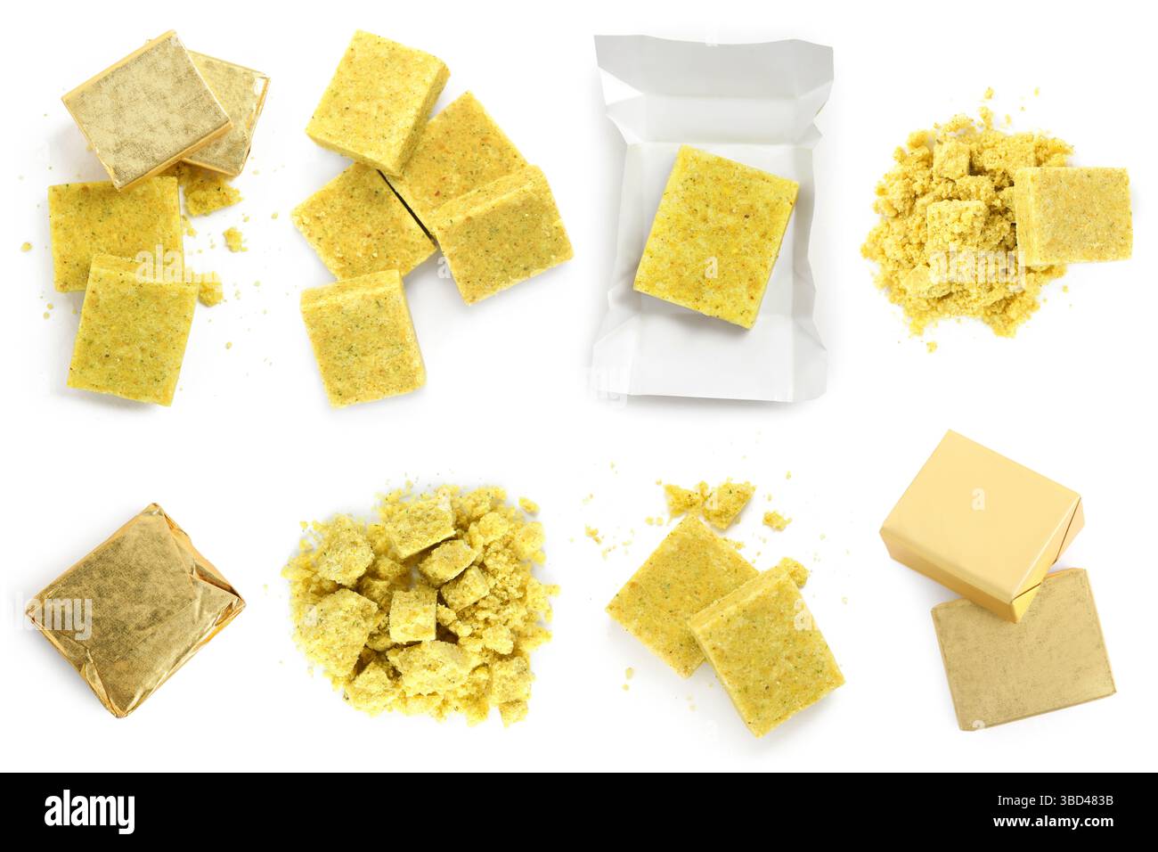Set with bouillon cubes on white background, top view. Whole and ...