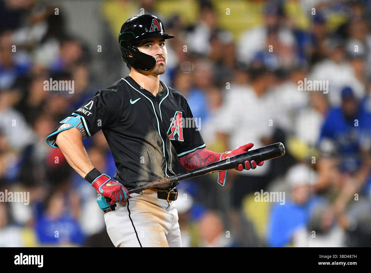 LOS ANGELES, CA - MAY 19: Arizona Diamondbacks right fielder Corbin Carroll (7) looks on during ...