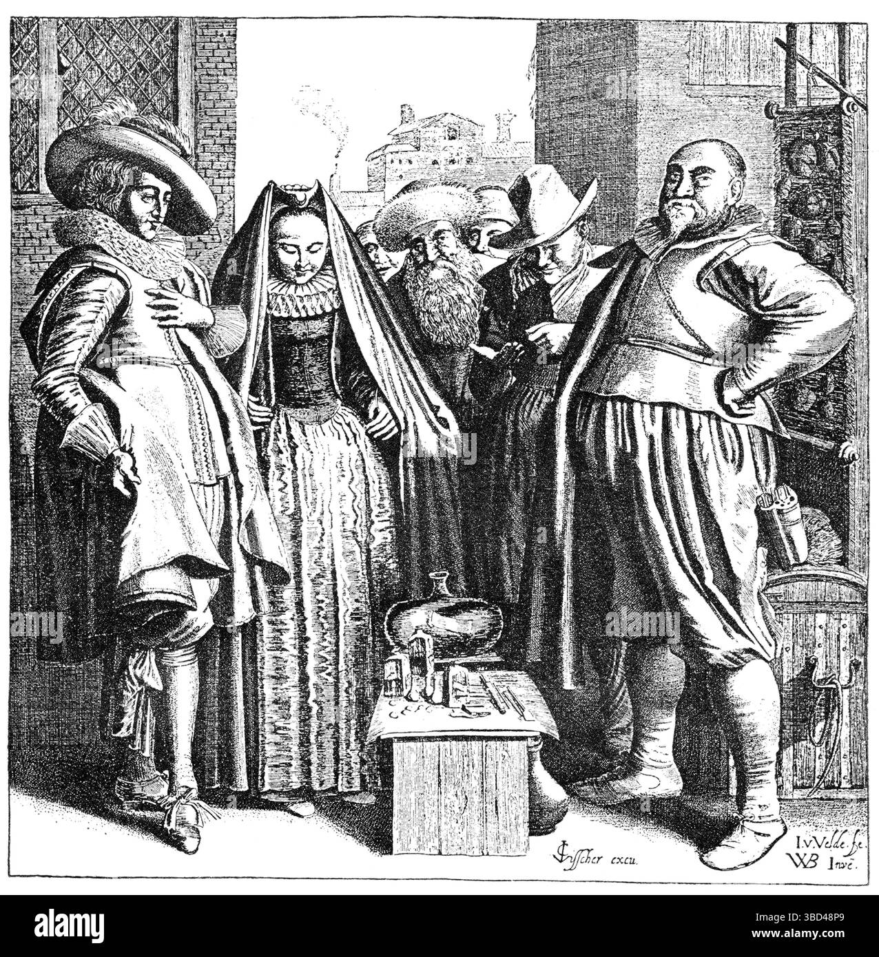 Historic drawing, street scene in the 17th century, a Dutch quack ...