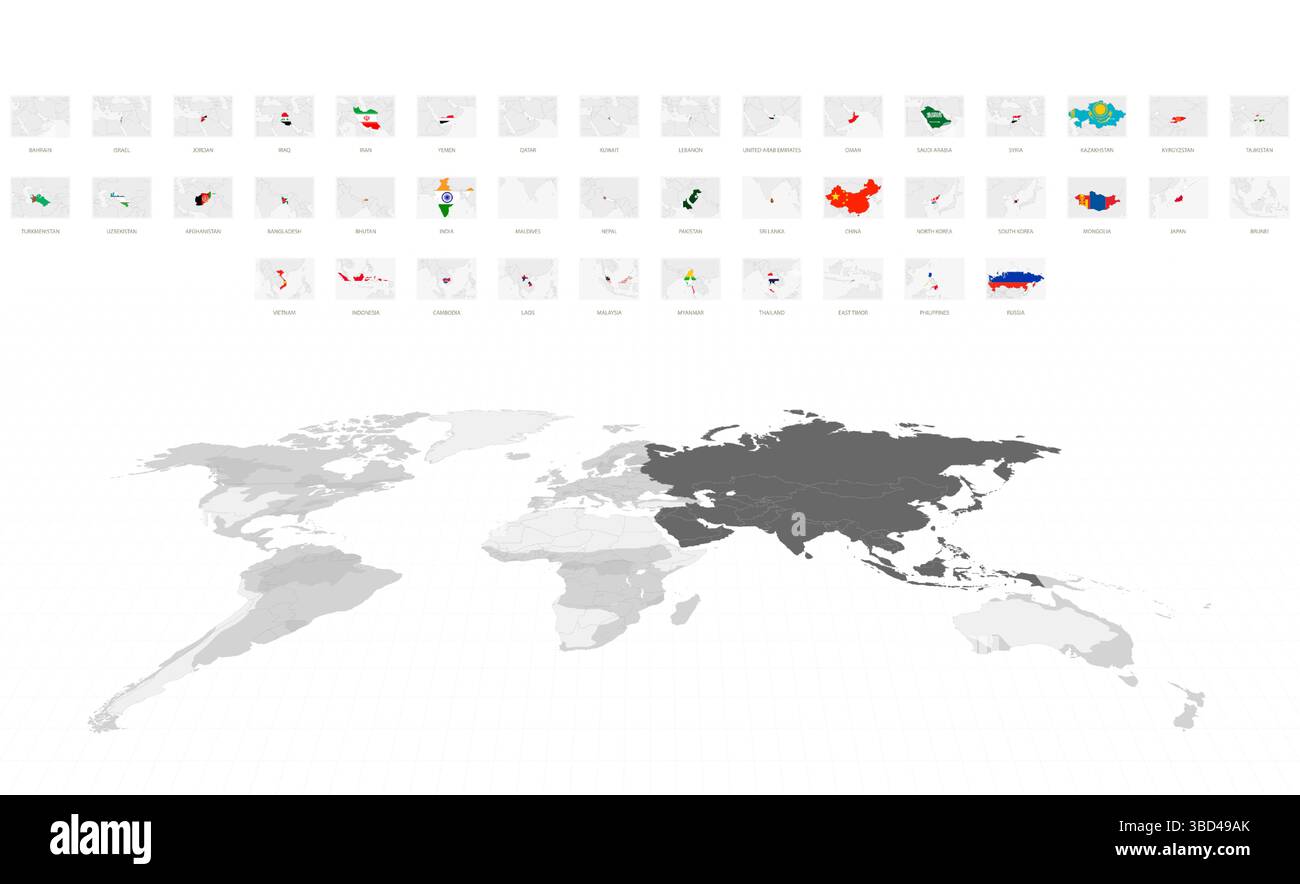 Asian Maps in Gray with National Flags. Gray World Map Featuring Asia ...