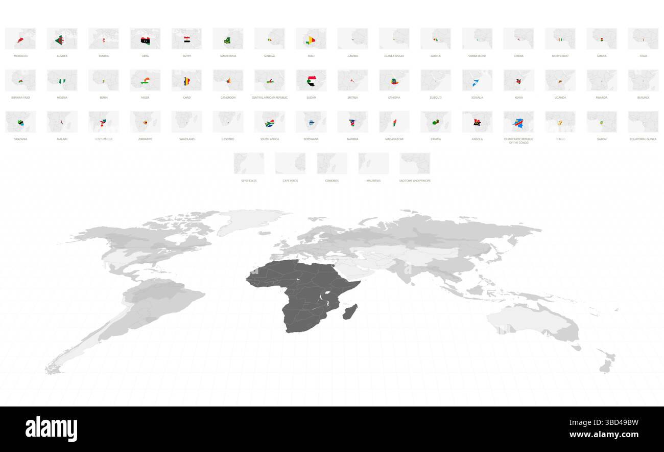 African Maps in Gray with National Flags. Gray World Map Featuring ...