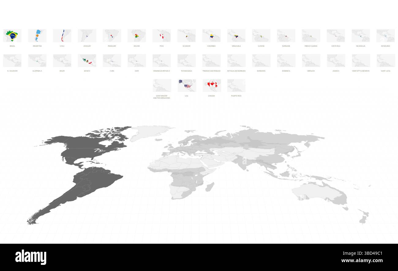 American Maps in Gray with National Flags. Gray World Map Featuring ...