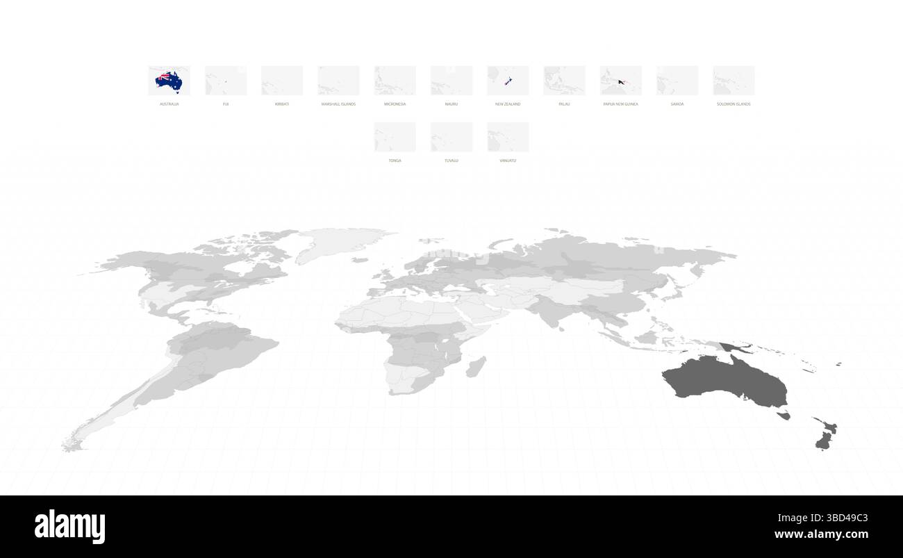 Oceanian Maps in Gray with National Flags. Gray World Map Featuring ...