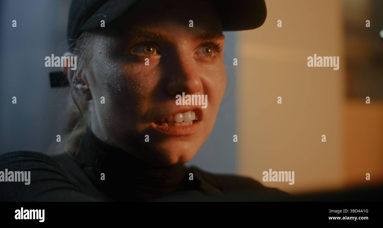 Action Movie Scene: Close Up of Aggressive Female Criminal in Black ...