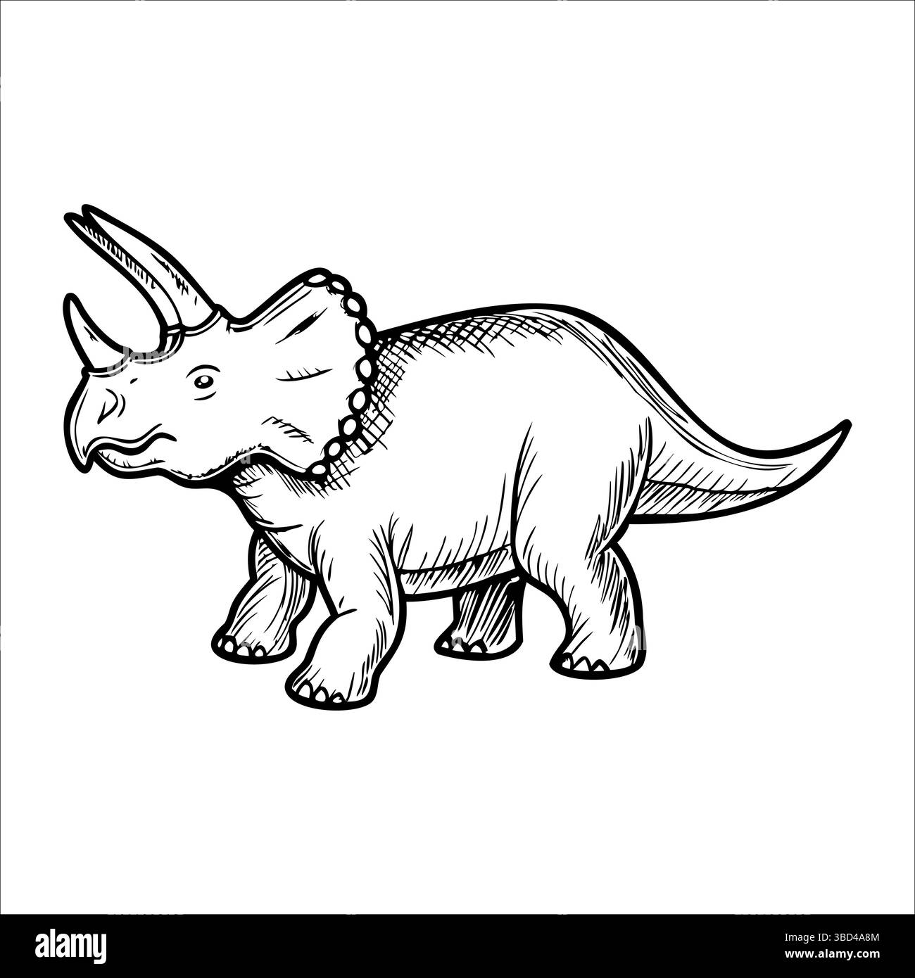 A hand-drawn illustration of a Triceratops dinosaur. The dinosaur has ...