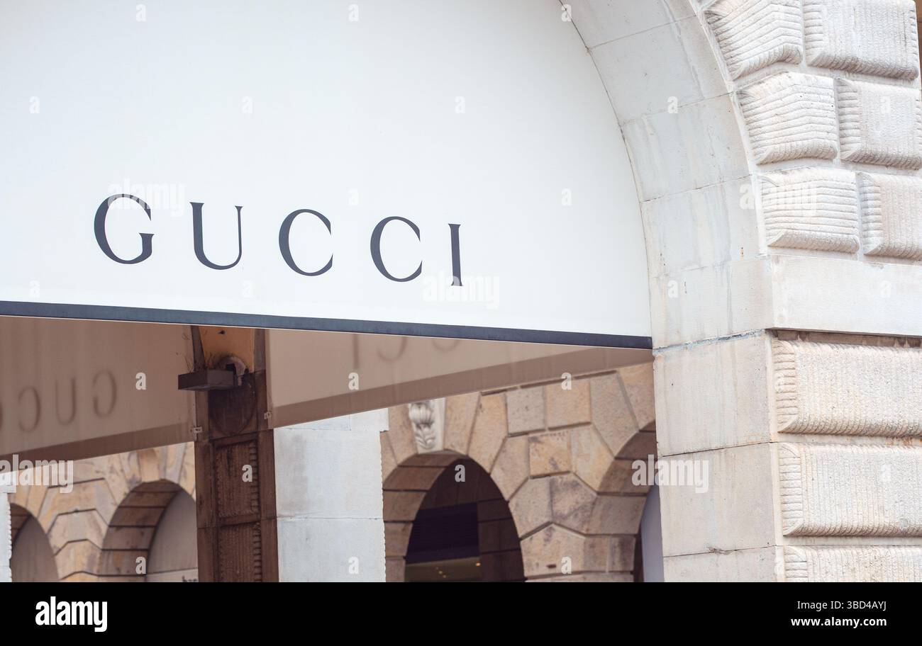 Padua, Italy - April 14, 2025: Gucci storefront wall facade logo brand ...
