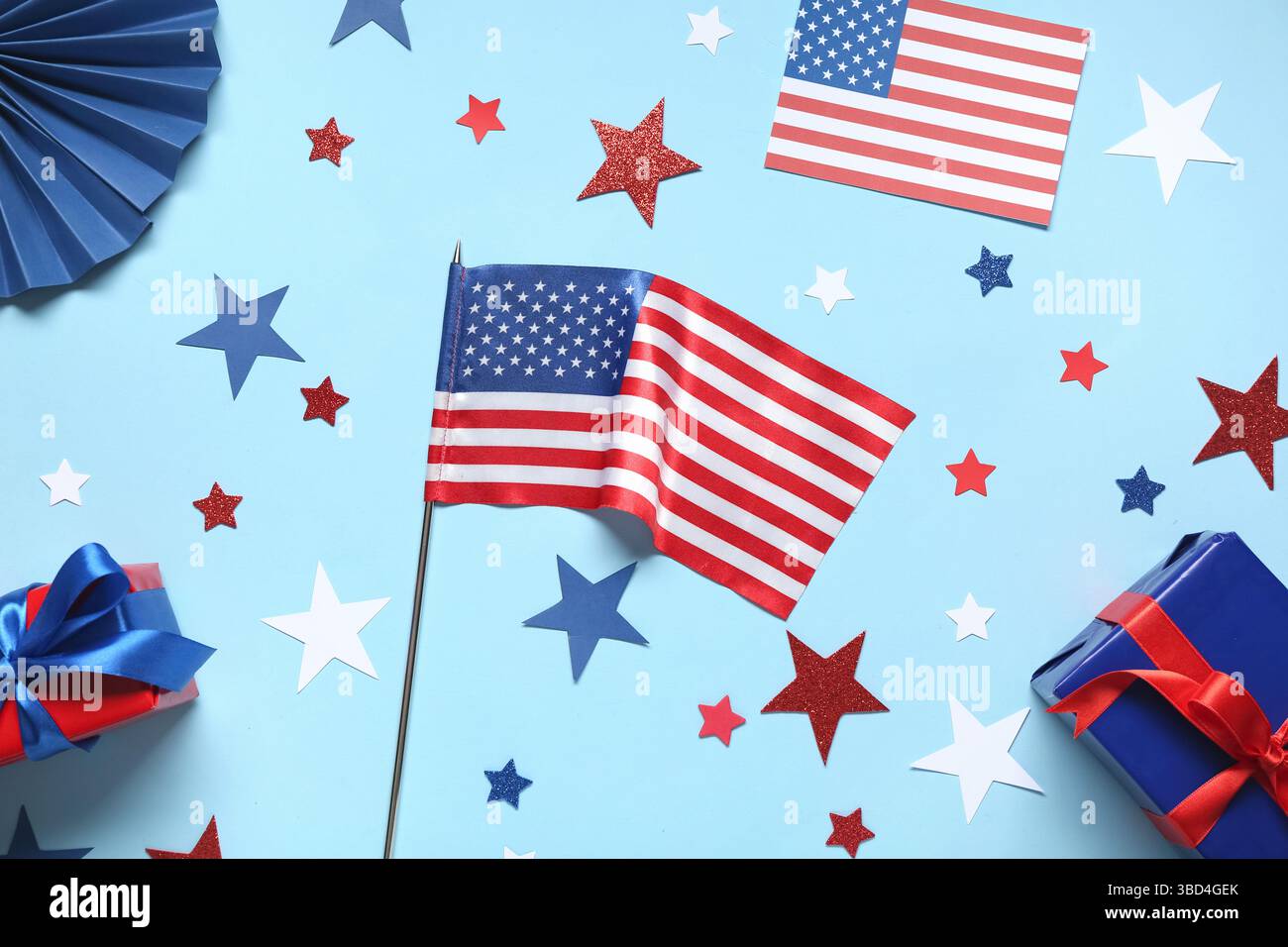 USA flag with stars and gift boxes on blue background. Independence Day ...