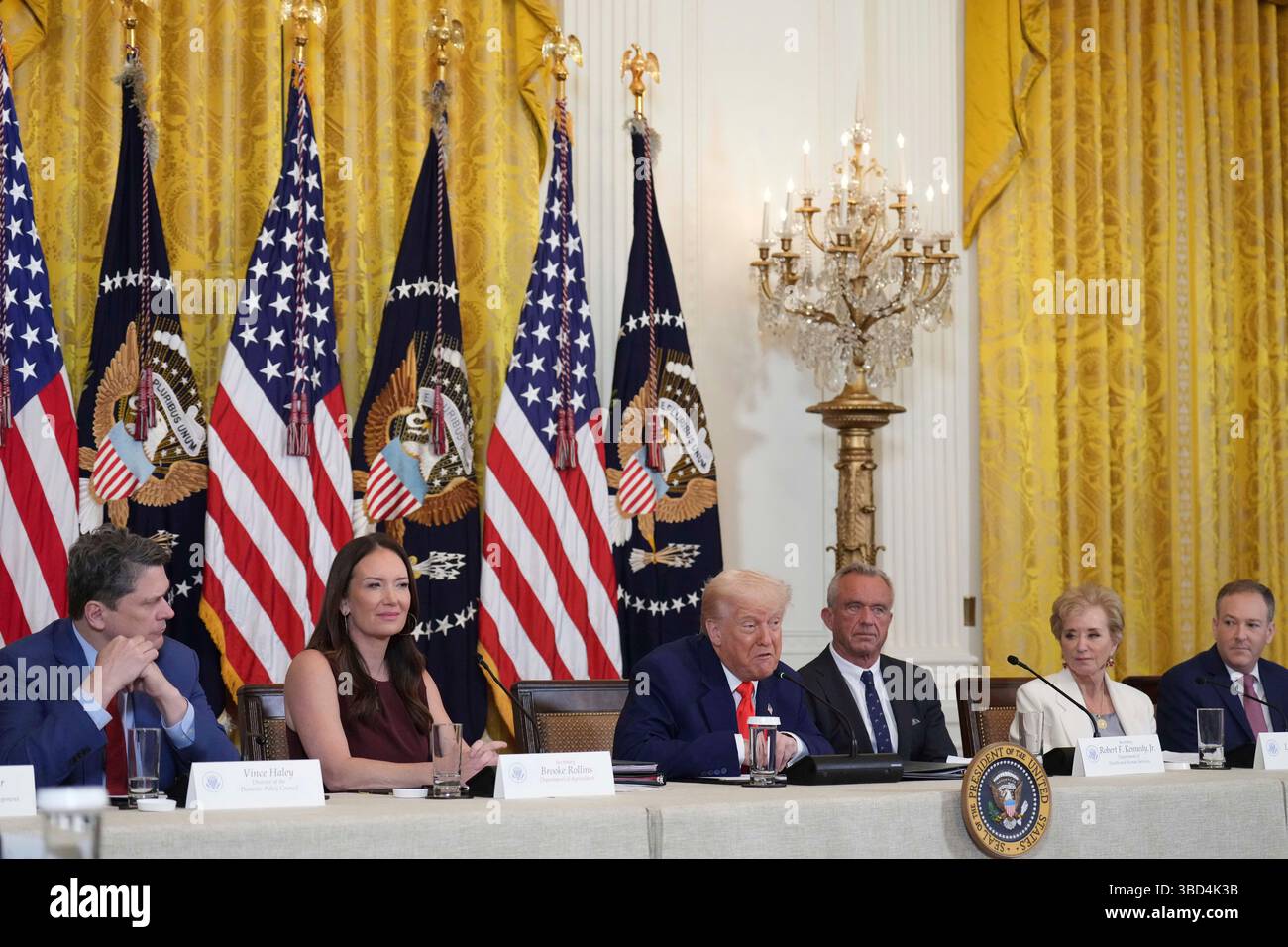 President Donald Trump speaks as Vince Haley, White House director of ...