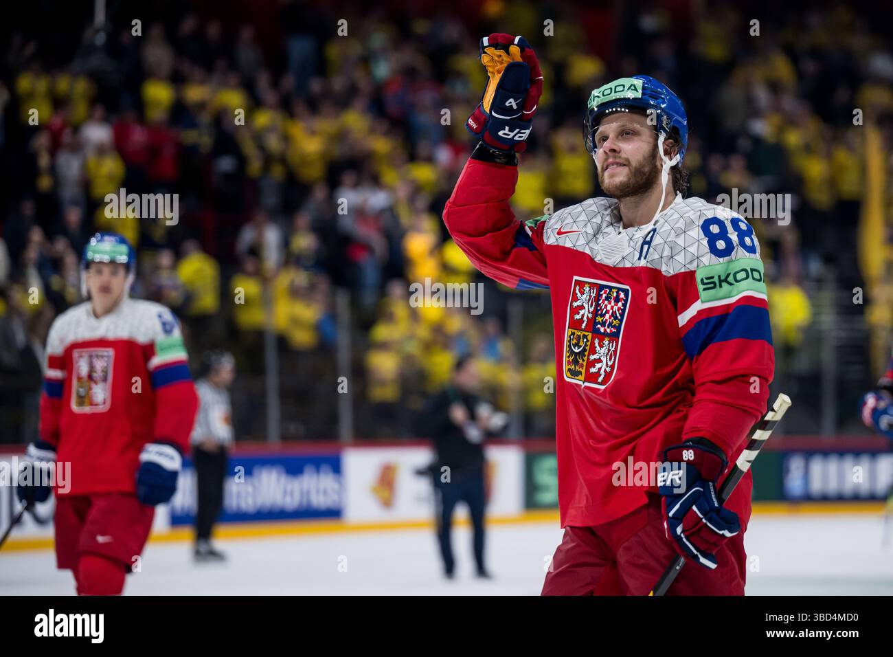 David Pastrnak of, Czech Republic. , . looks dejected after during the 2025 IIHF Ice Hockey ...