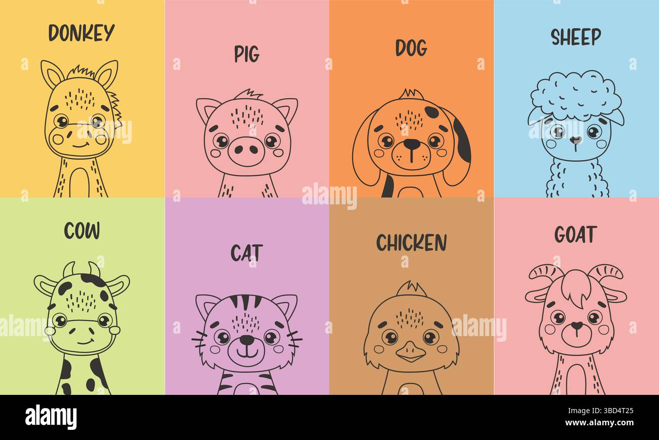 Farm line animals set isolated, cute animals, kids posters, cartoon, cards for kids. Vector ...