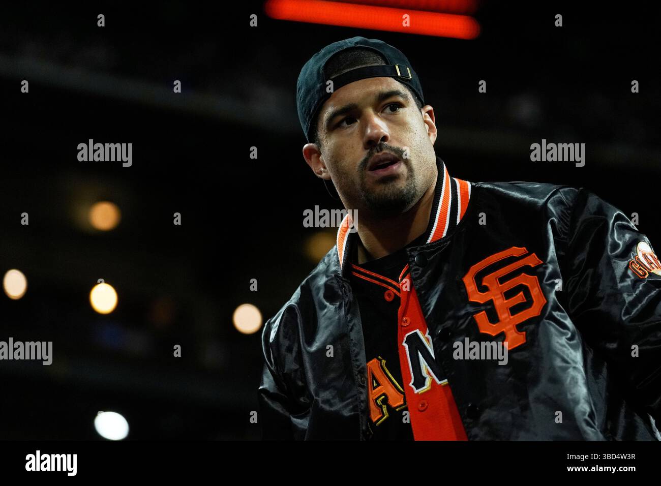 Professional wrestler Anthony Bowens during a baseball game between the San Francisco Giants and ...