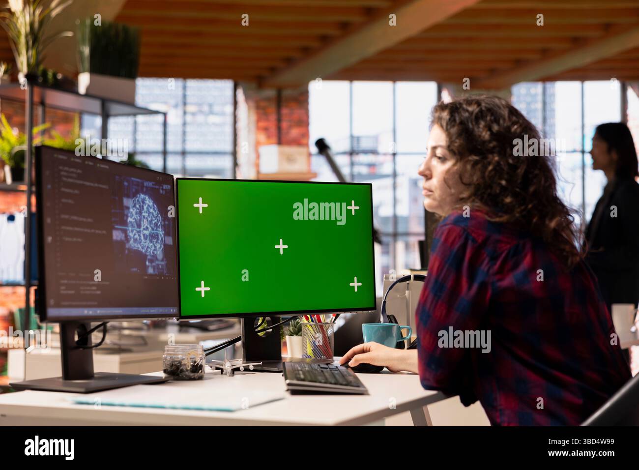 Admin using isolated screen PC working with machine learning technology in tech startup. Mockup ...