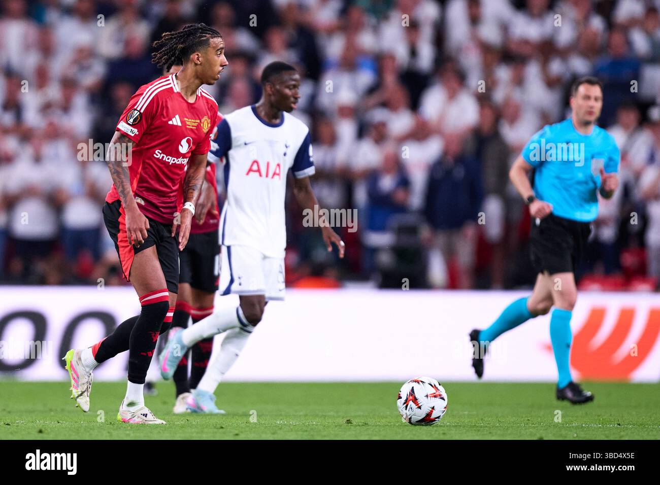 Leny Yoro of Manchester United with the ball during the UEFA Europa League Final 2025 match ...