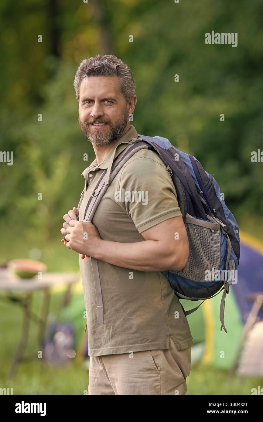 Summer camp and nature vacation. Man on summer camping. Camp adventure ...