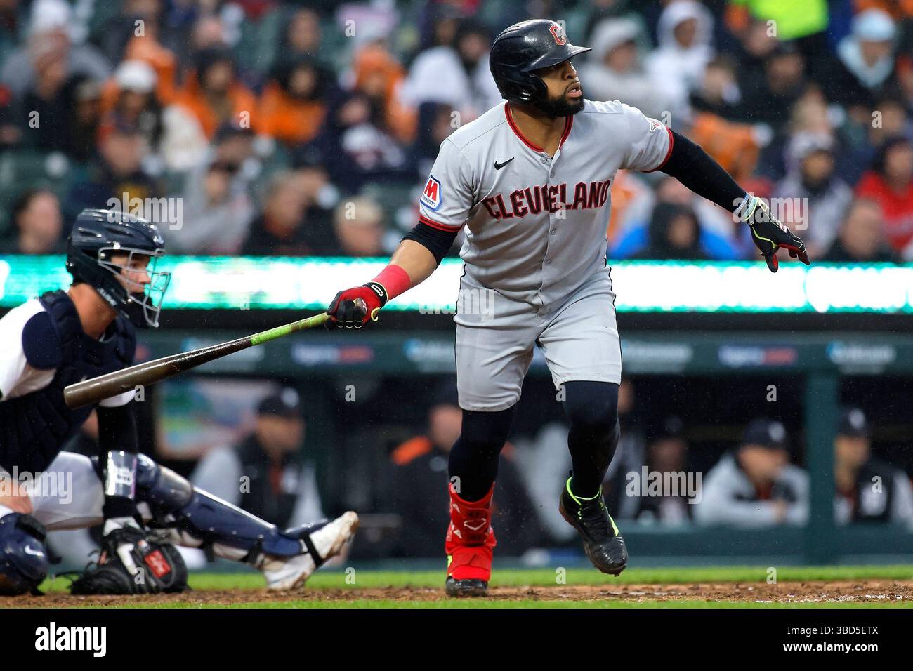 Cleveland Guardians' Carlos Santana hits a two-run double against the ...