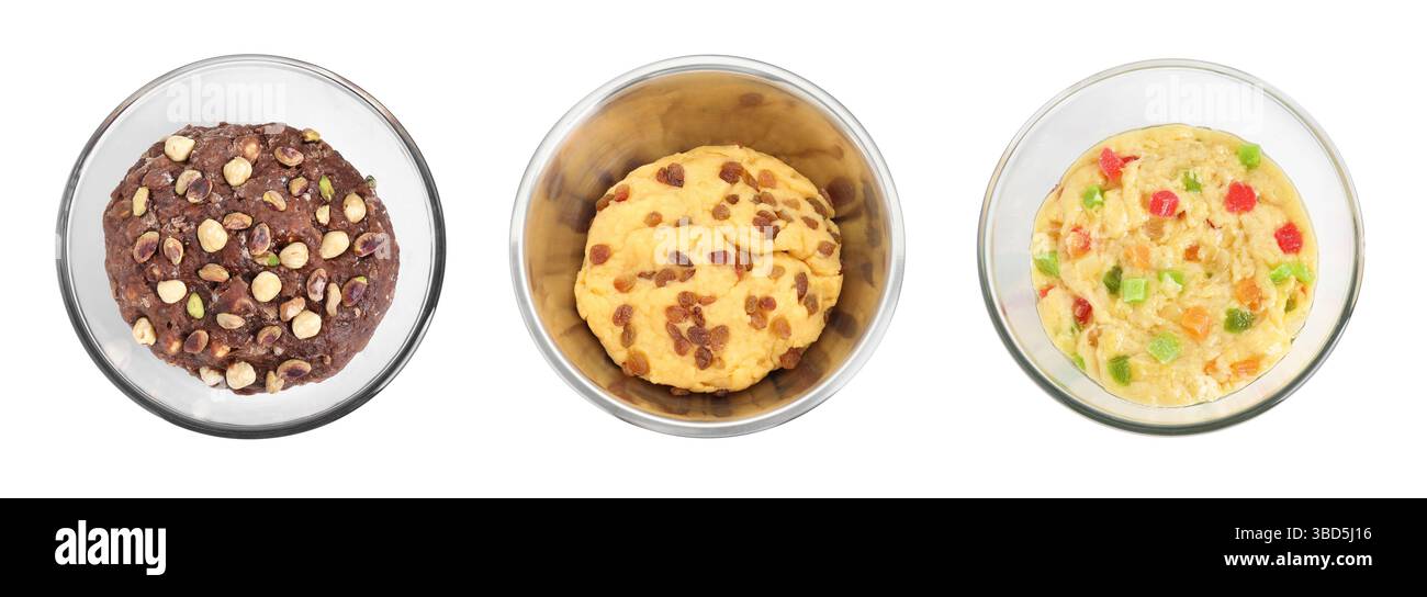 Different types of dough in bowls isolated on white, set. Top view ...