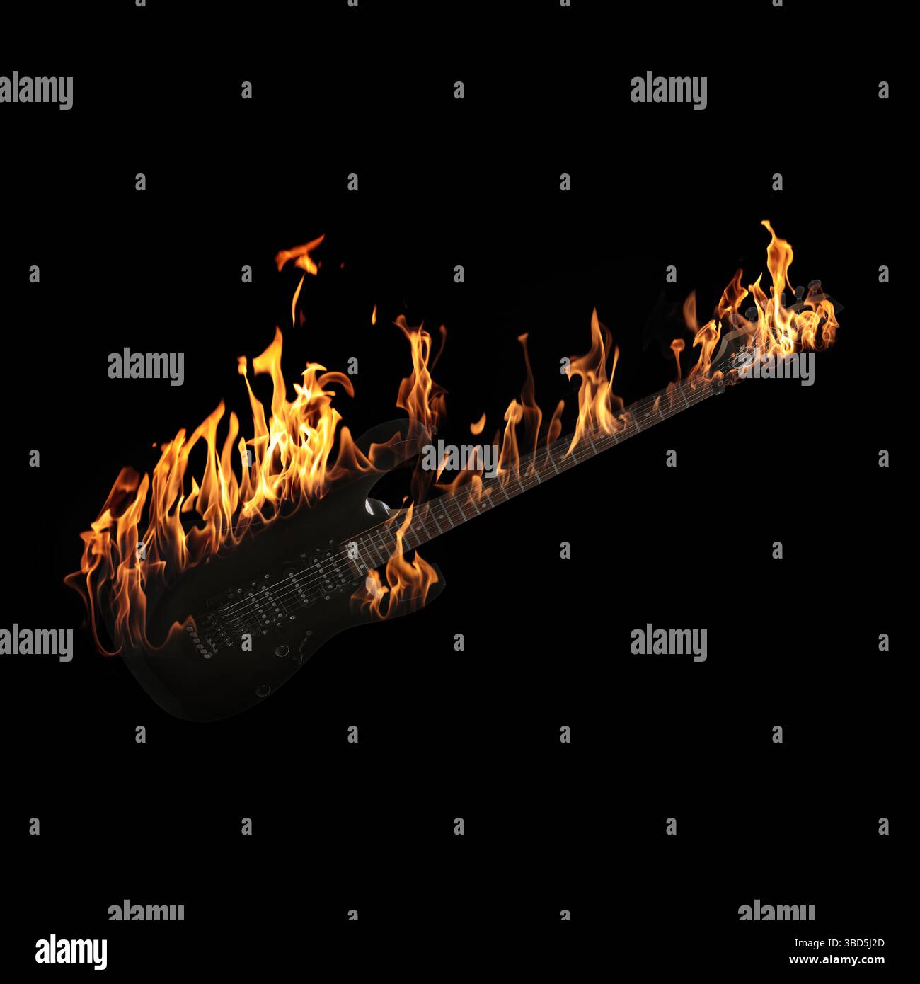 Electric guitar with flames in air on black background Stock Photo - Alamy