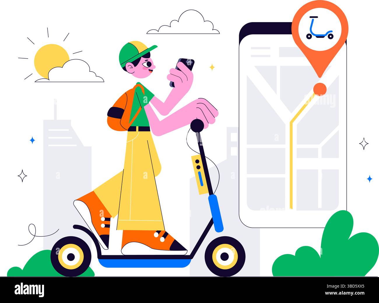 Electric Scooter Rental Service Vector Illustration featuring ...