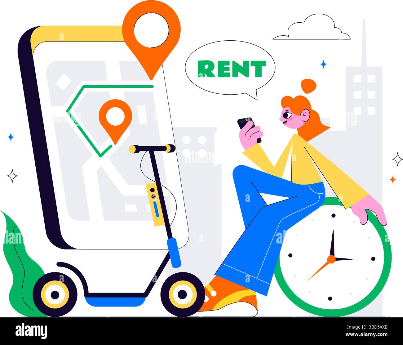 Electric Scooter Rental Service Vector Illustration featuring ...