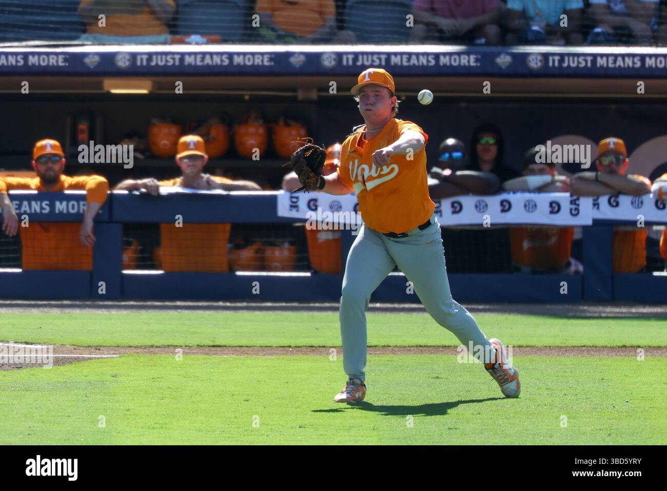 HOOVER, AL - MAY 22: Tennessee pitcher Liam Doyle (12) throws out a ...