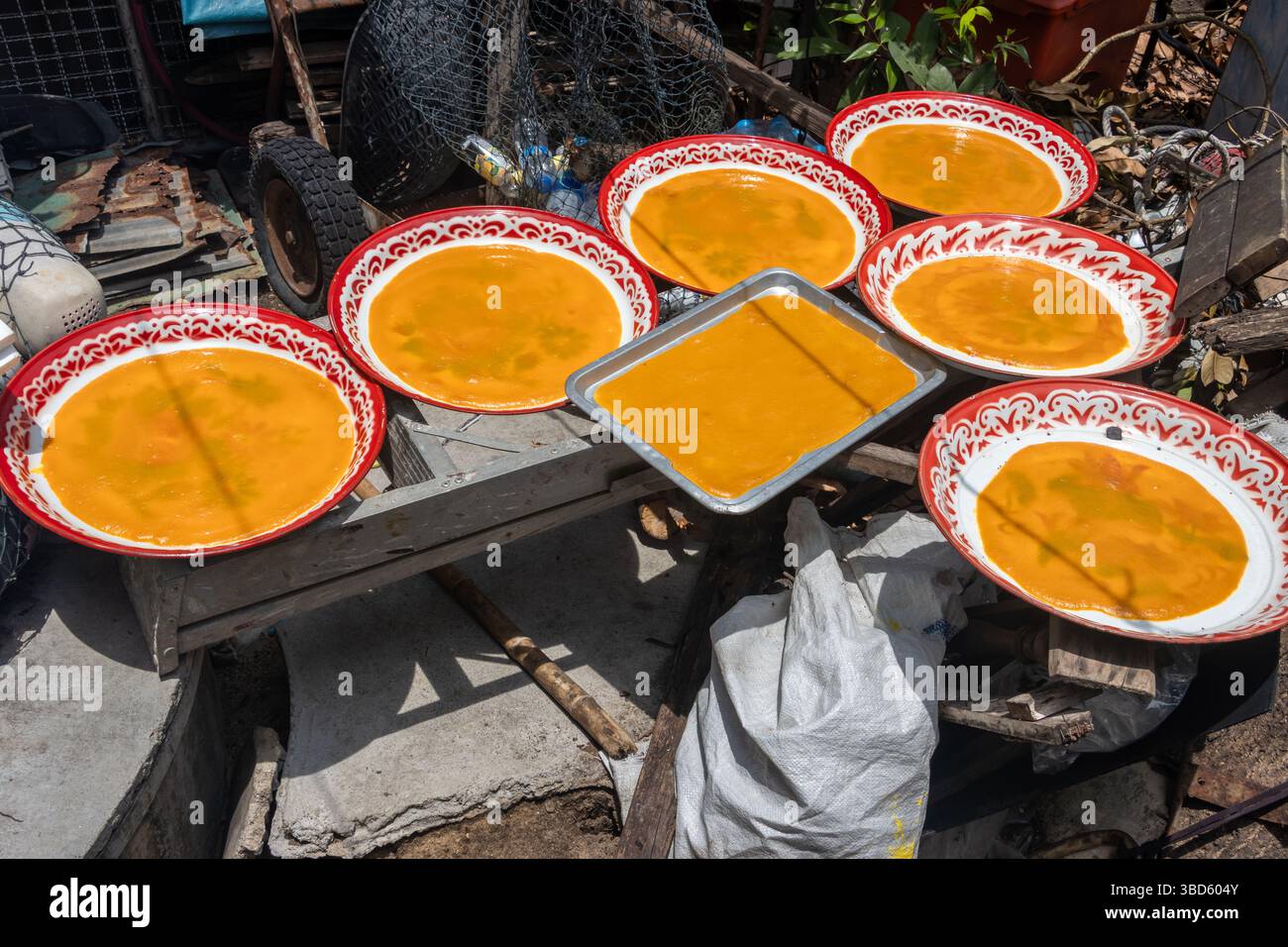 Homemade mango paste is sun-dried in decorative plates in an unkempt ...