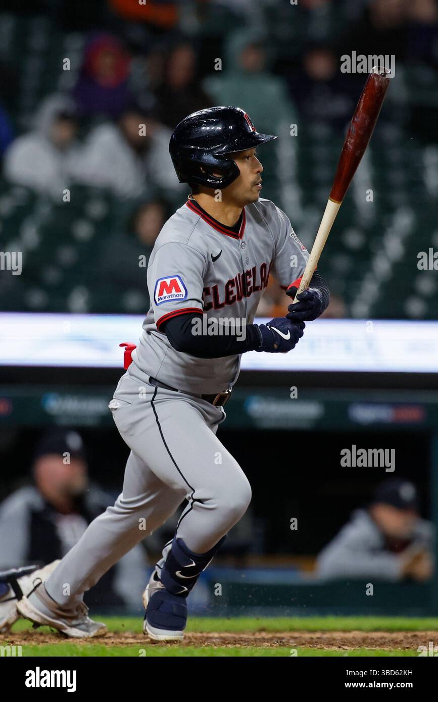 Cleveland Guardians' Steven Kwan singles against the Detroit Tigers ...