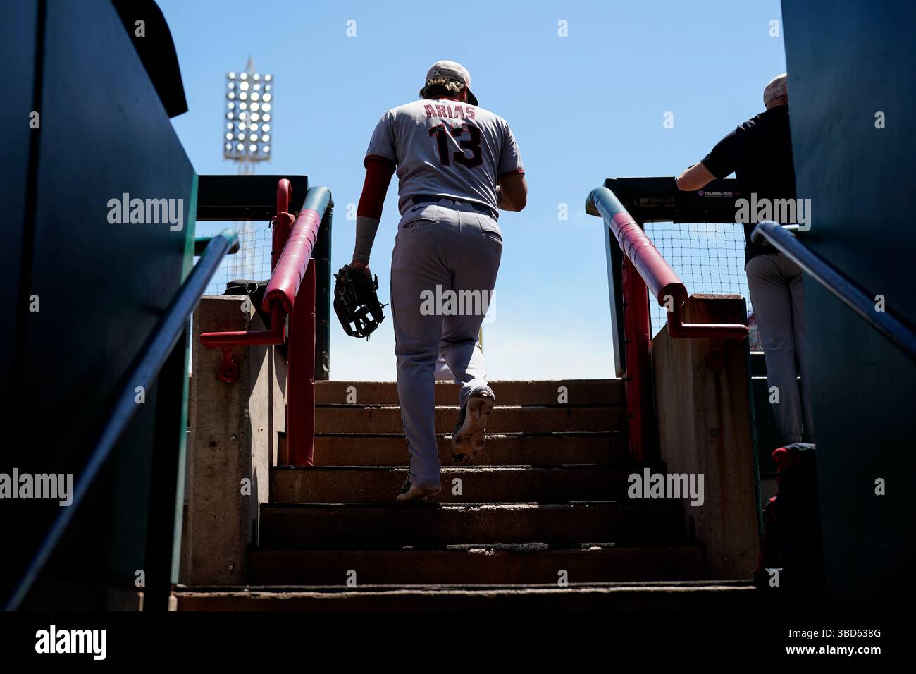 Cleveland Guardians second baseman Gabriel Arias (13) leaves the dugout ...