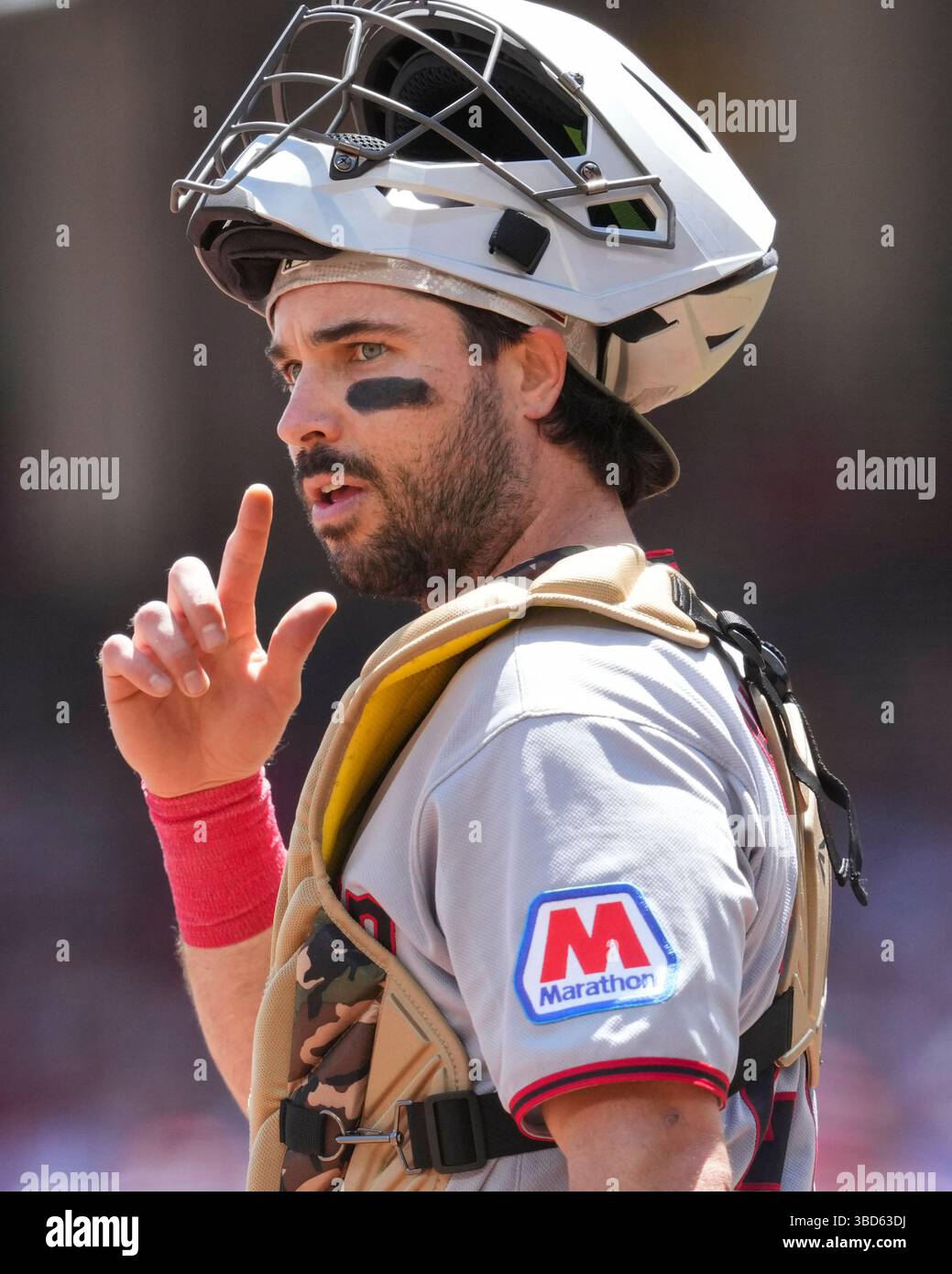Cleveland Guardians catcher Austin Hedges looks on during a baseball ...