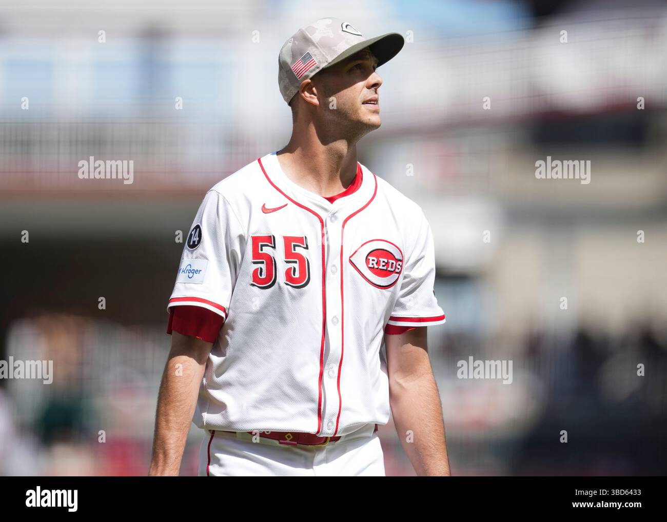 Cincinnati Reds pitcher Taylor Rogers (55) looks to the dugout during a ...