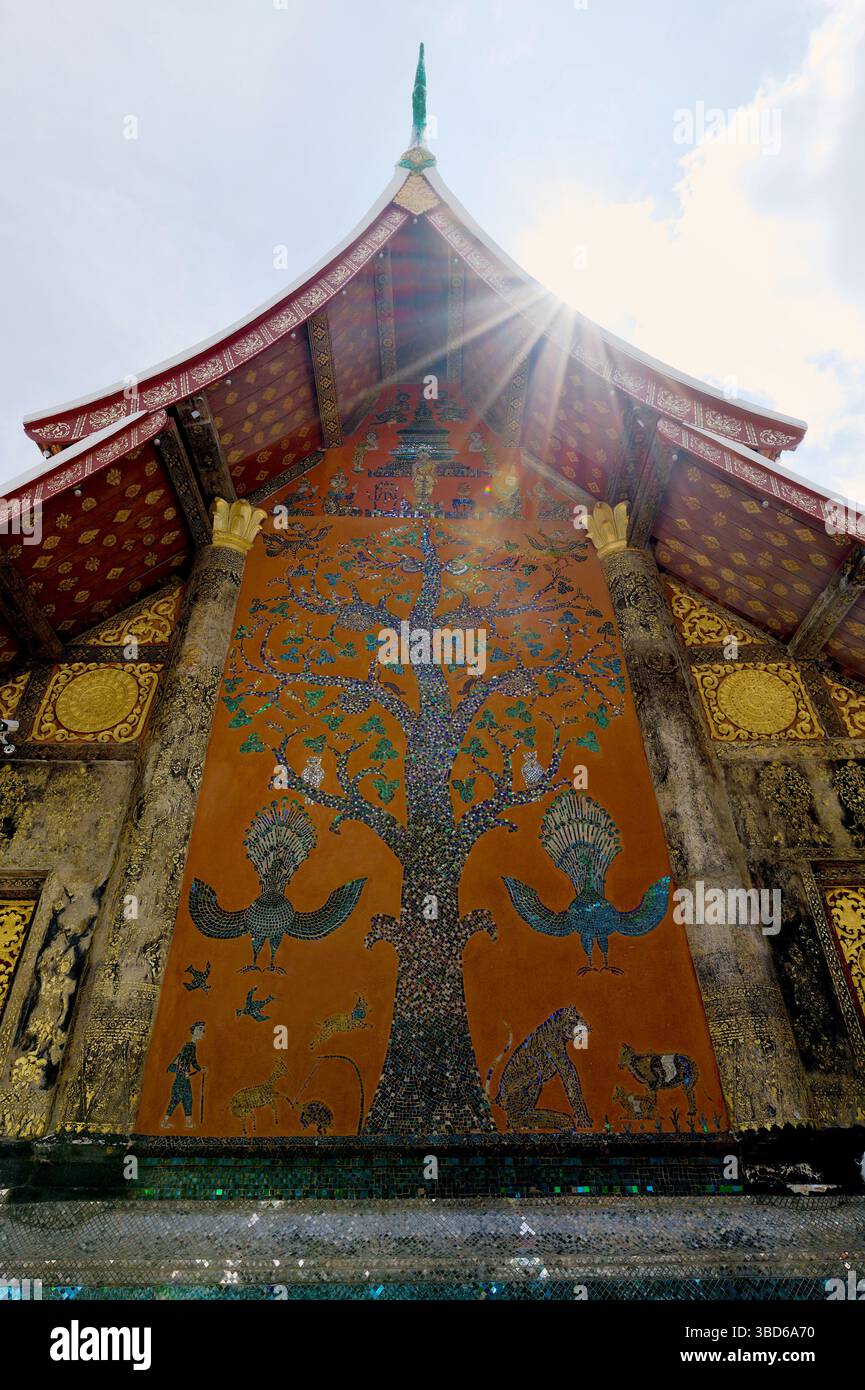 Intricate Tree of Life mosaic motif on the wall of the ordination hall ...