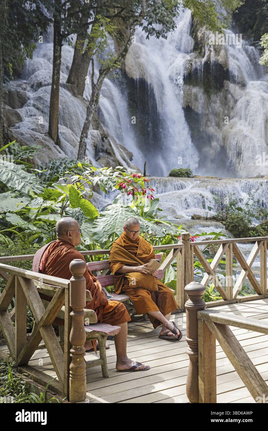 Two Buddhist monks at the Kuang Si Falls, Kuang Xi Falls, Tat Kuang Si ...