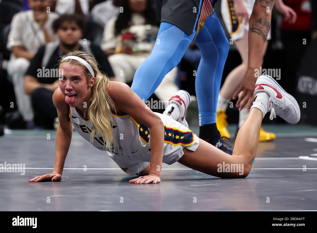 Indiana Fever guard Lexie Hull reacts after getting fouled in the first ...