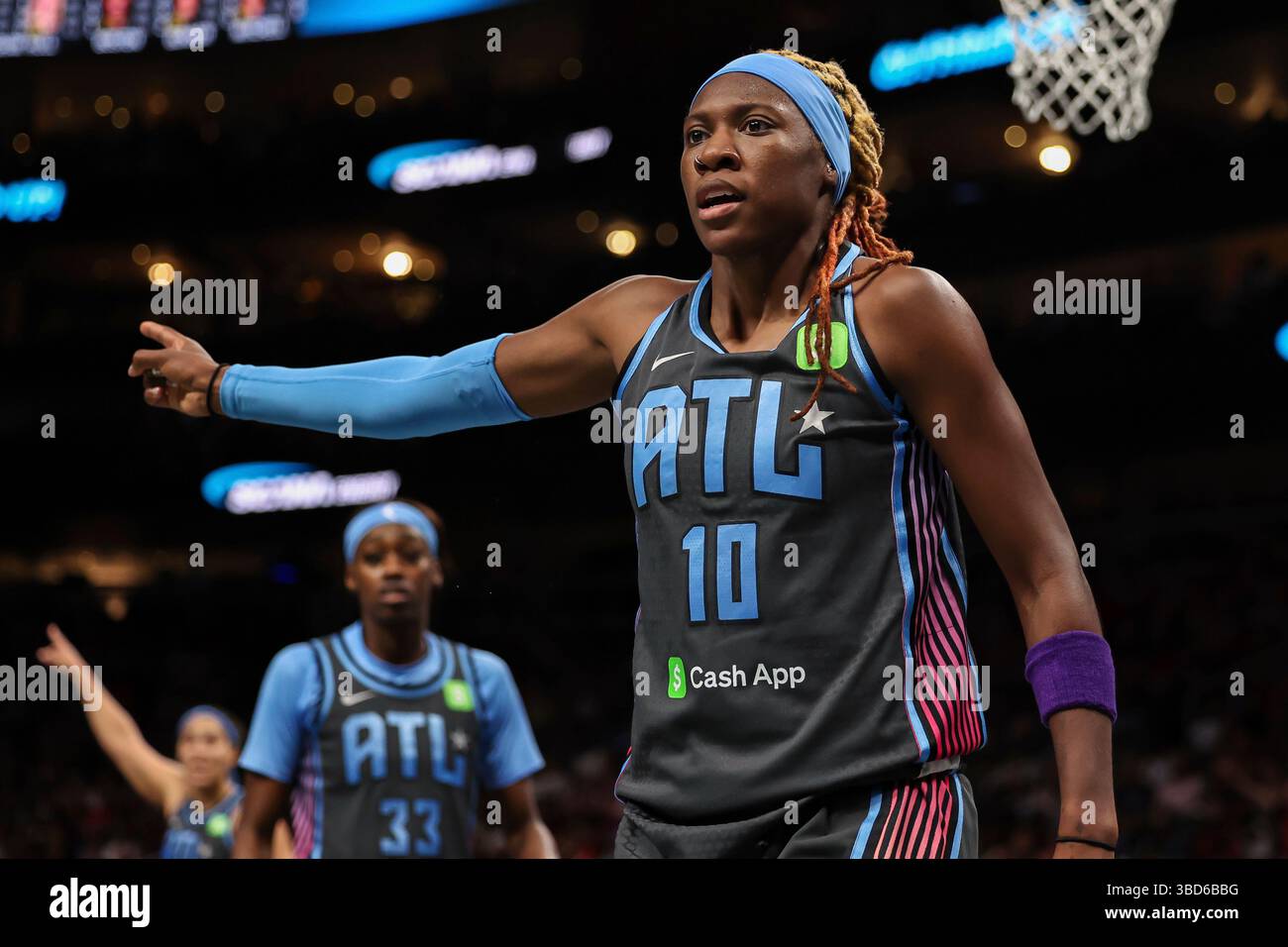 Atlanta Dream guard Rhyne Howard (10) reacts during the first half of ...