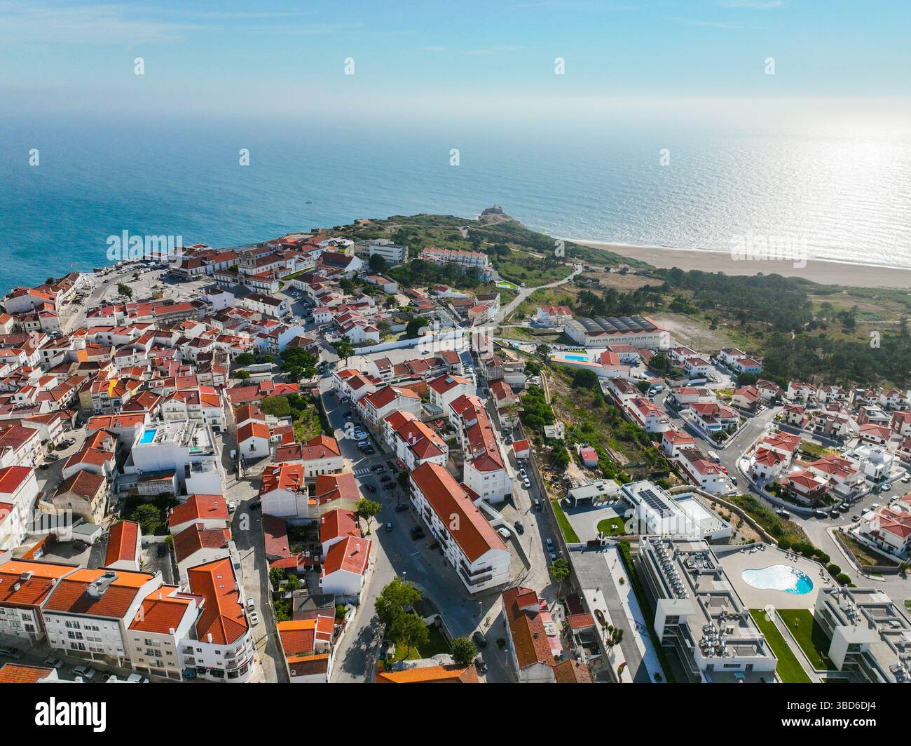 Coastal aerial view of Nazare's upper town with historical architecture ...