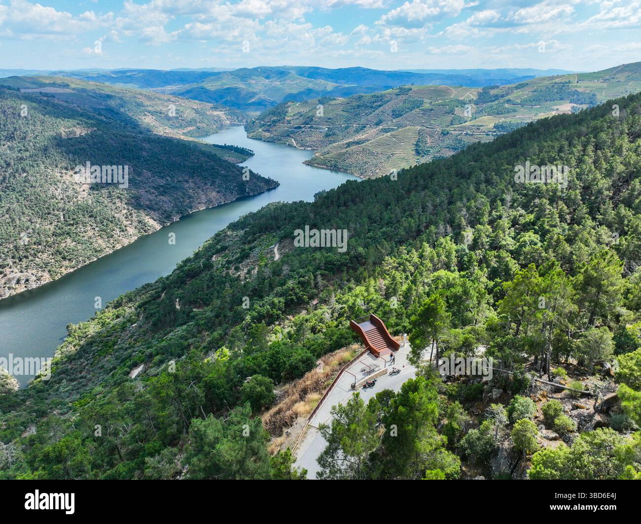 Elevated viewpoint with scenic stairs overlooking Tua River and valley ...