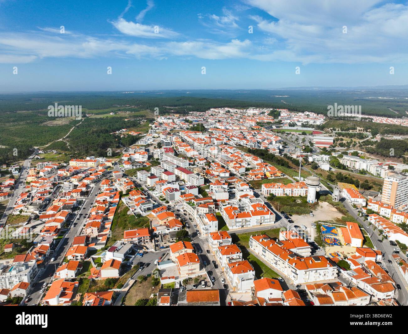 Aerial panorama of a Portuguese town with red rooftops and surrounding ...