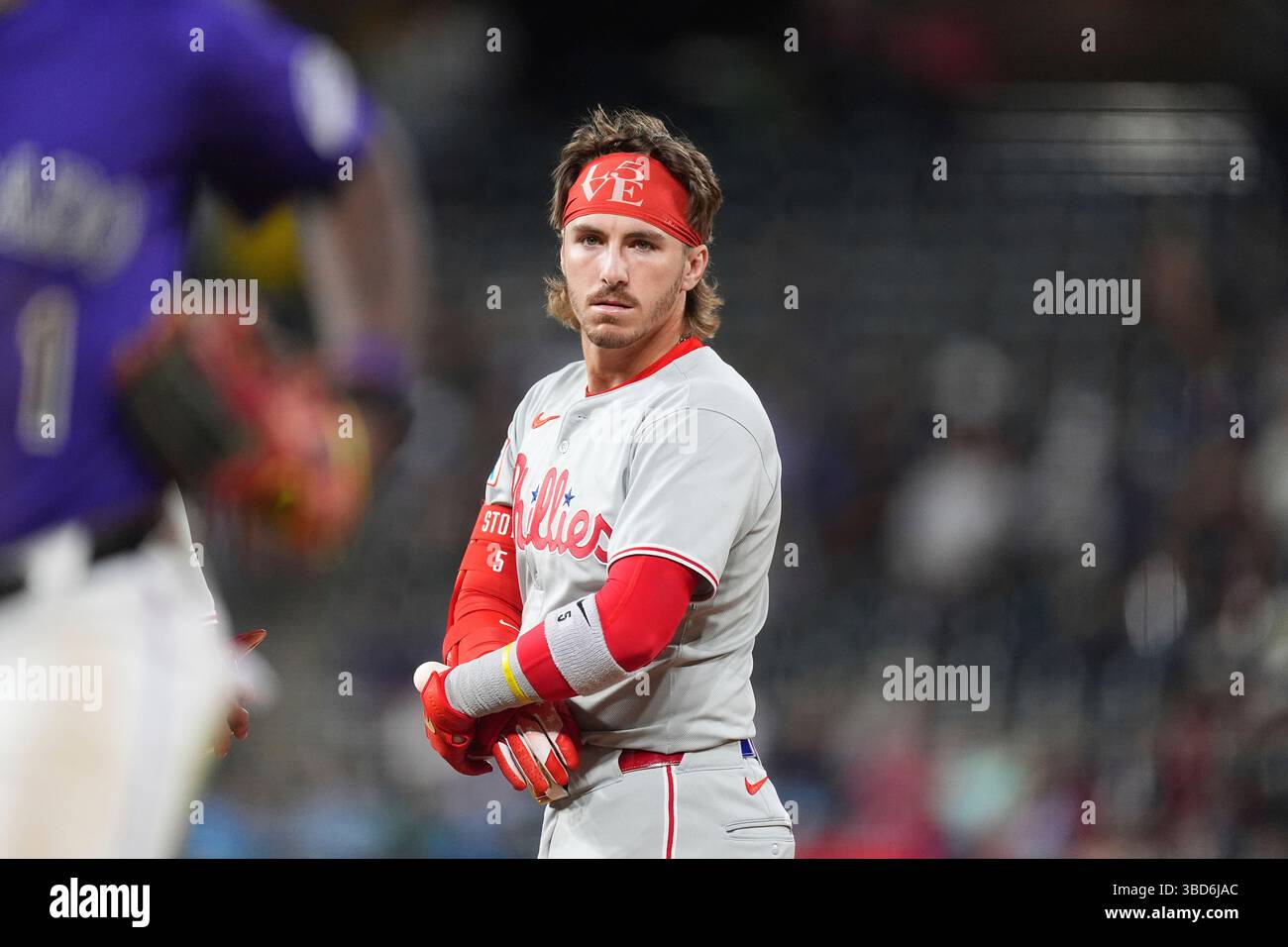 Philadelphia Phillies second baseman Bryson Stott (5) in the ninth inning of a baseball game ...